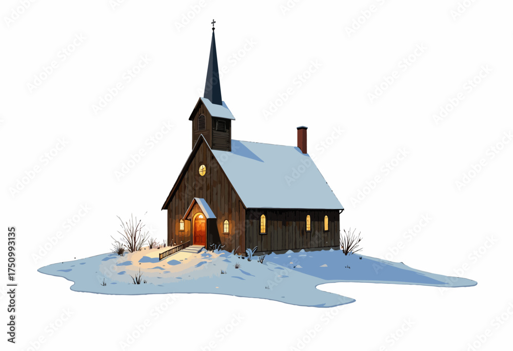 A serene winter landscape featuring a charming wooden church with ...