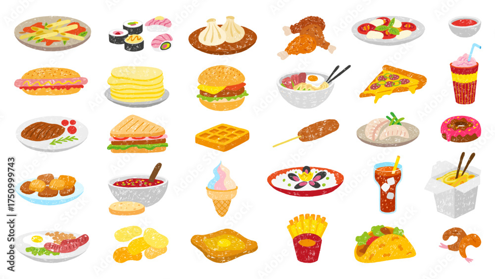 Hand drawn food. Crayon drawing meals, street home delicious eat. Chalk ...