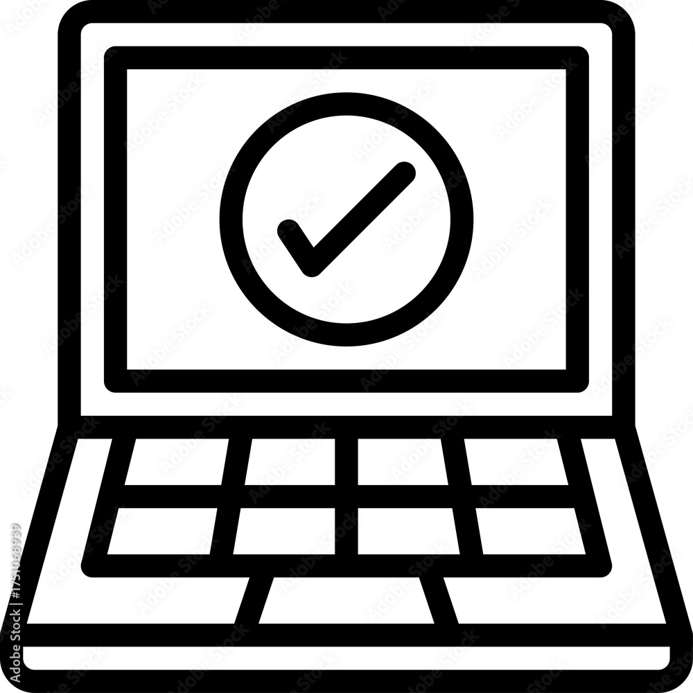 Simple Line Art Icon of a Laptop Computer Displaying a Checkmark in a ...