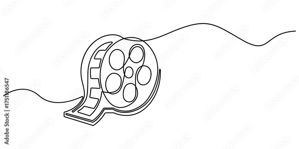 One continuous line drawing of film reel with long tape. Continuous one ...