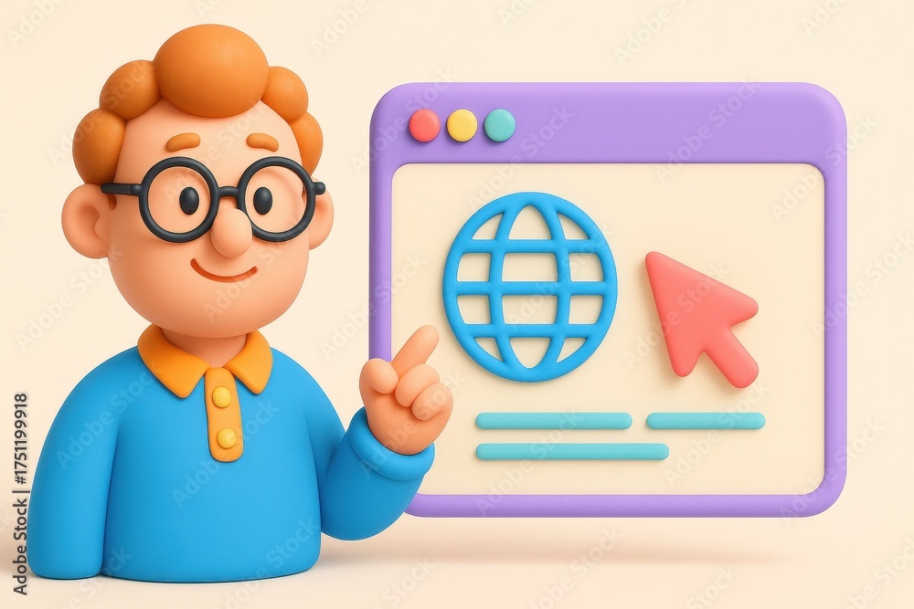 Stylized character pointing at a web browser window displaying a global ...