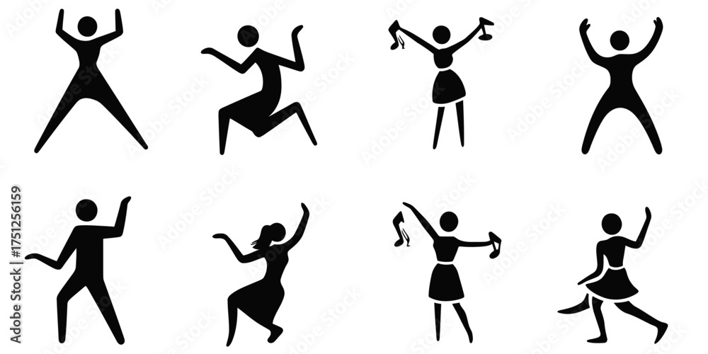 Stick figure icons of dancing people in different dynamic poses ...