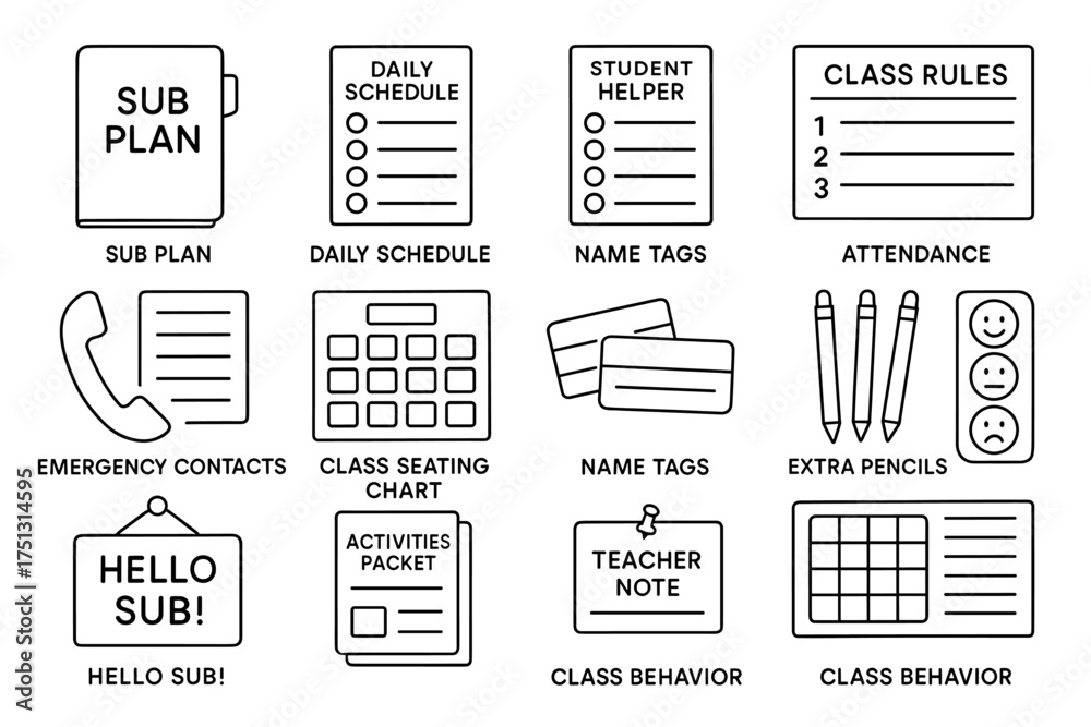 Classroom organization icons: sub plans, schedules, attendance tools ...