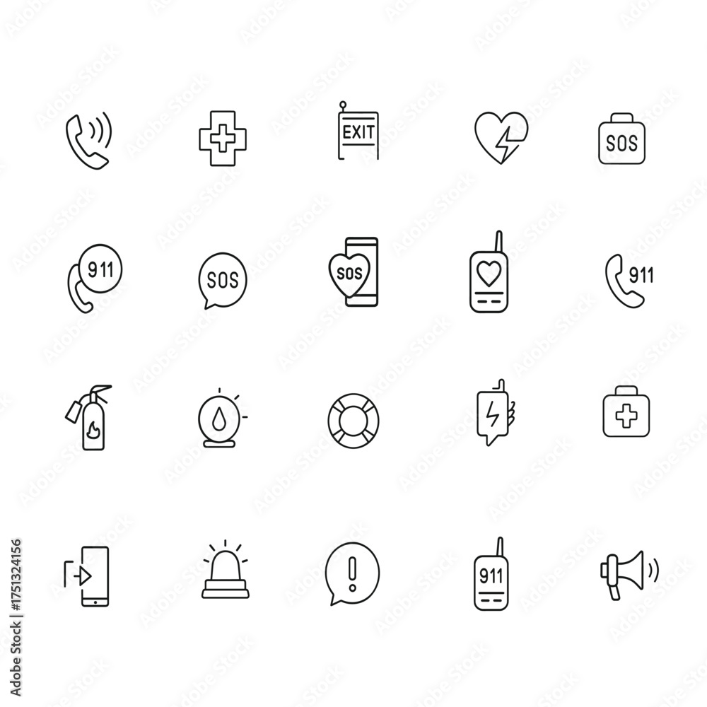 Emergency and Safety Line Icons Set | SOS, First Aid, 911, Alert, and ...