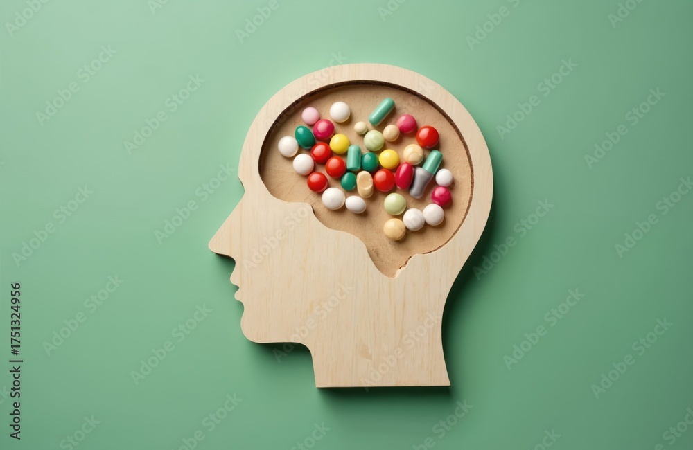 Wooden human head profile filled with colorful pills, tablets. Various ...
