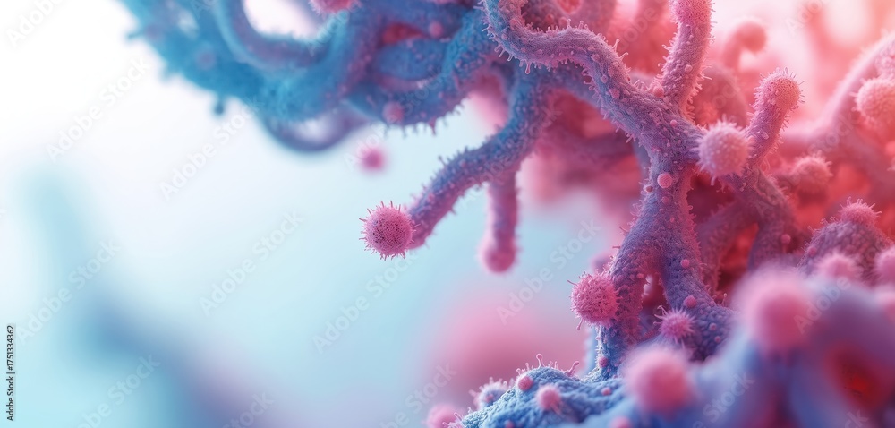 Microscopic illustration depicts abstract forms of bacteria. Vivid pink ...
