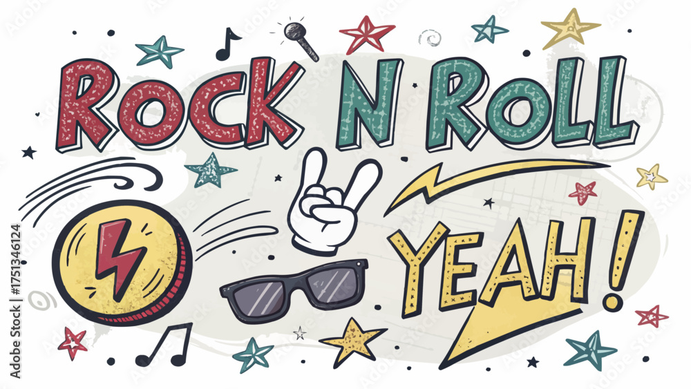 Illustration with rock n roll text, hand gesture, sunglasses, stars ...