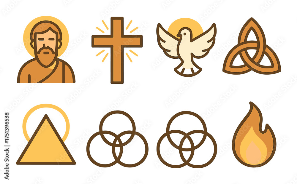 Christian symbols: cross, dove, trinity, triangle, flame highlighting ...