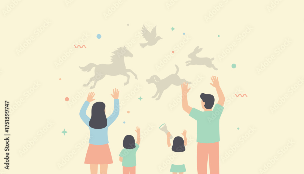 Family creating animal shadow puppets on a wall fostering imagination ...