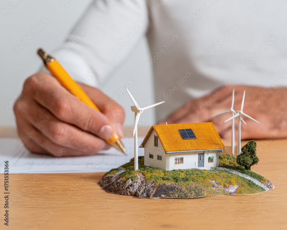 Professional Sustainable Architecture Plan with Wind Turbines and Green ...