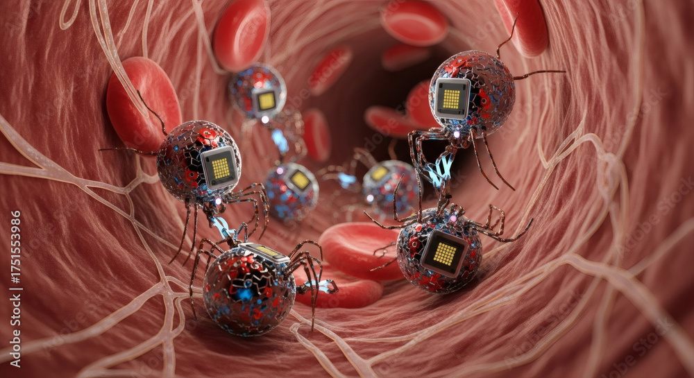 Nanobots with microchips and spindly legs navigating through a blood ...