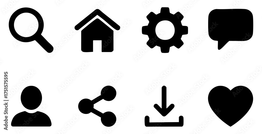 Solid Filled Icons Set for UI/Navigation: Search, Home, Settings, Share ...