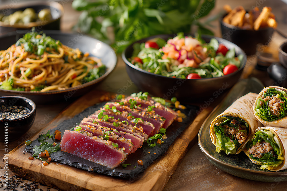 Collage of international tuna dishes including Italian pasta Hawaiian ...