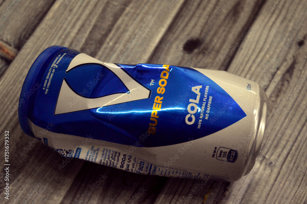 Cairo, Egypt, October 8 2025: Crushed dented V super soda cola can, V ...