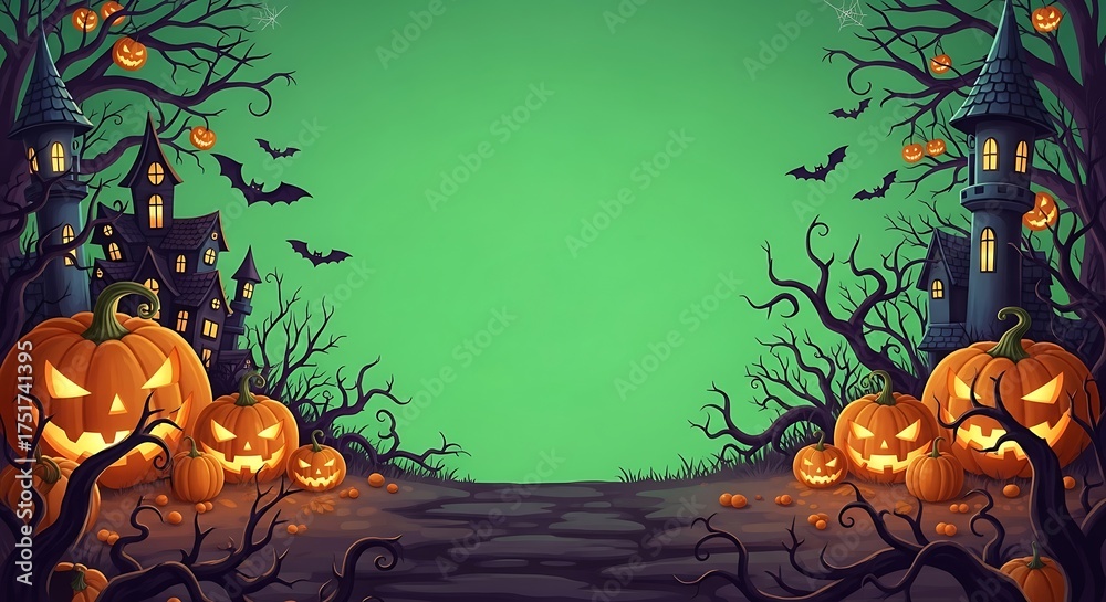 Illustrated Halloween frame with spooky pumpkins and haunted houses on ...