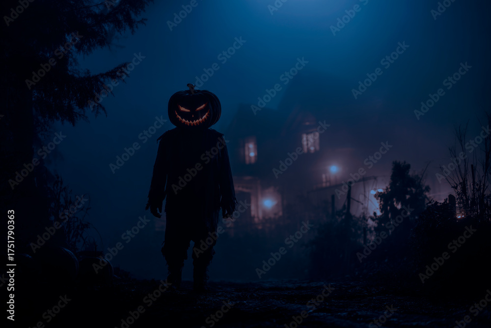 Pumpkin monster head on man body standing over creepy haunted house in ...