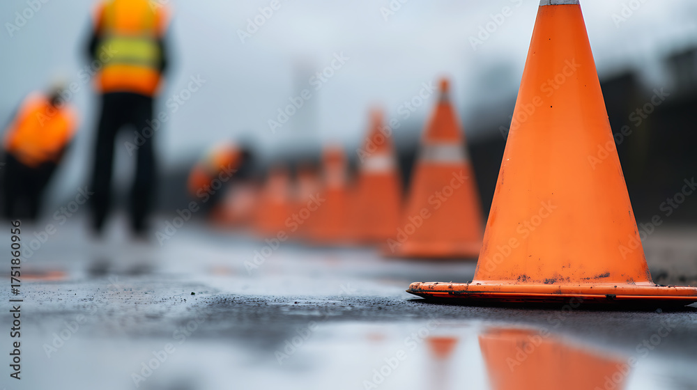 Road work zone with safety cones and crew in reflective gear. Wet ...