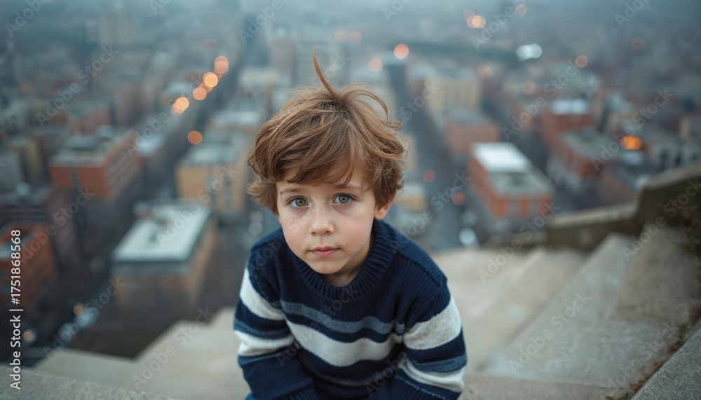 Cute young boy with messy hair, green eyes, in blue striped sweater ...