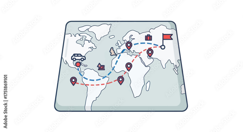 Vektor World Map with Global Travel Routes and Destination Icons. ve ...