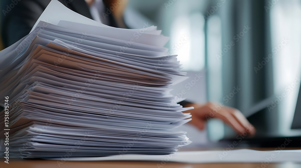 Overwhelmed by paperwork. Stack of documents in the office, showing ...