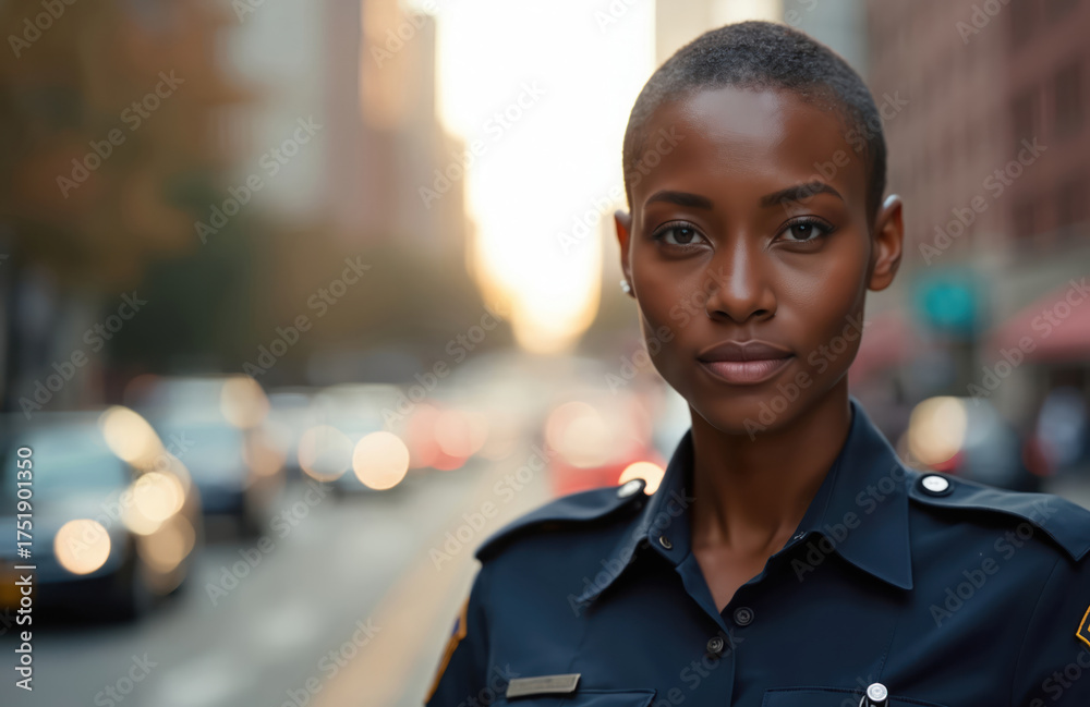 African american woman security guard poses outdoors. Blurred city ...