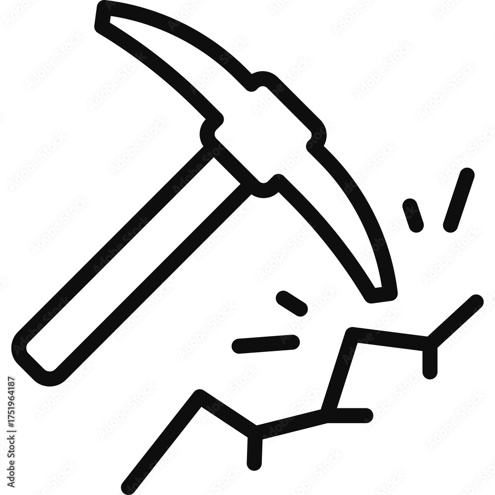 Simple black outline icon of a pickaxe striking cracked ground on a ...