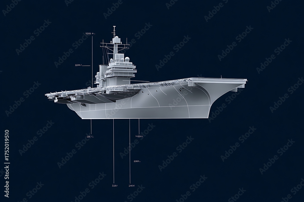 Blueprint of an aircraft carrier. This model showcases technical ...
