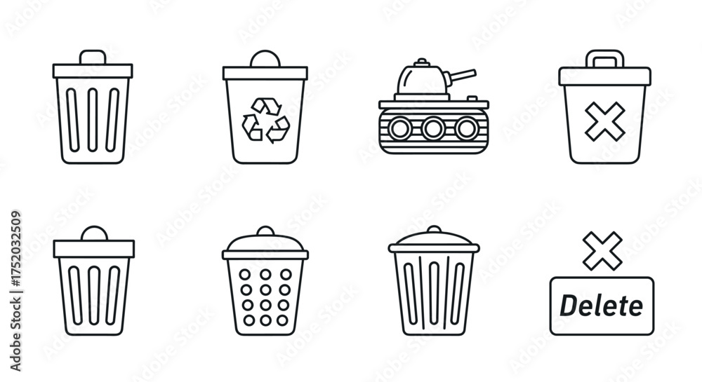 Trash bin, recycle, delete line icon set with military tank. Vector ...