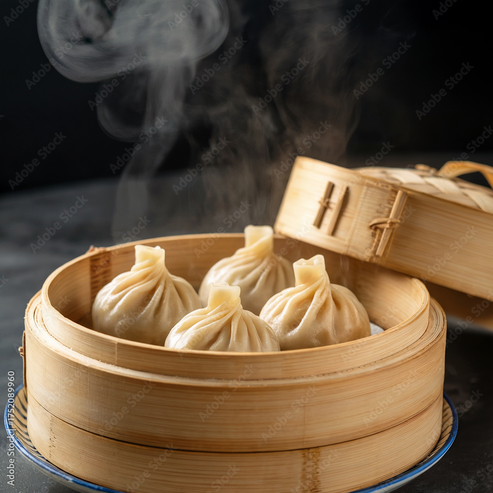 Three har gow inside a slightly tilted bamboo steamer, delicious Dim ...