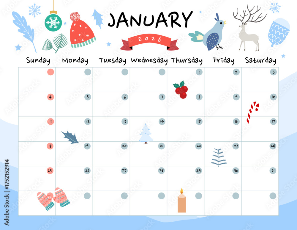 January 2026 table calendar week start on Sunday with holiday theme ...