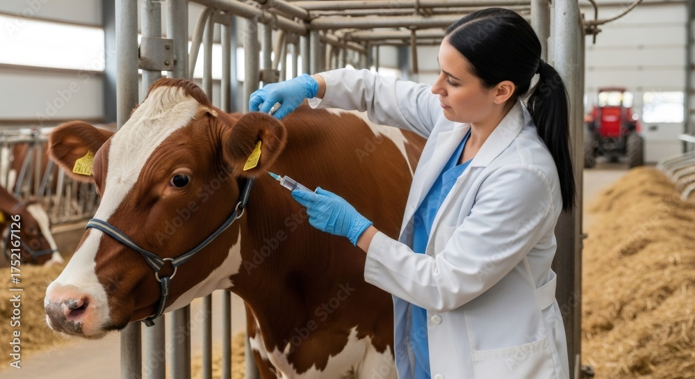 Veterinarian giving a cow an injection on a dairy farm. Professional ...