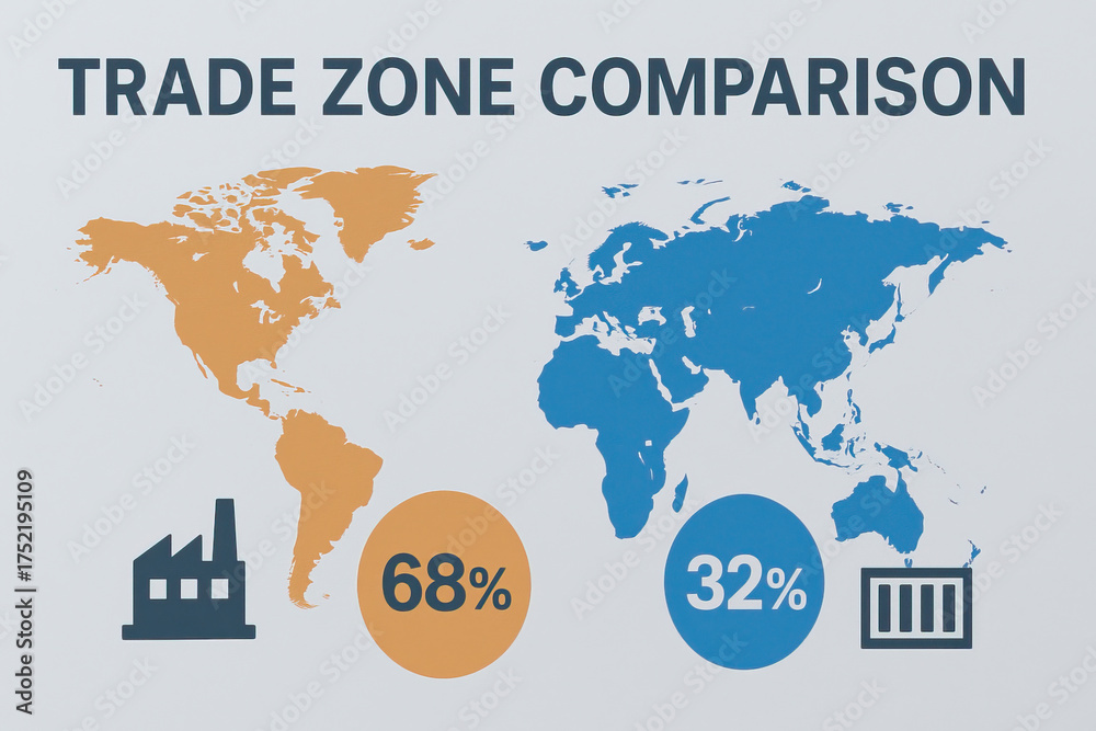 Trade zone comparison showing two world maps in orange and blue with ...