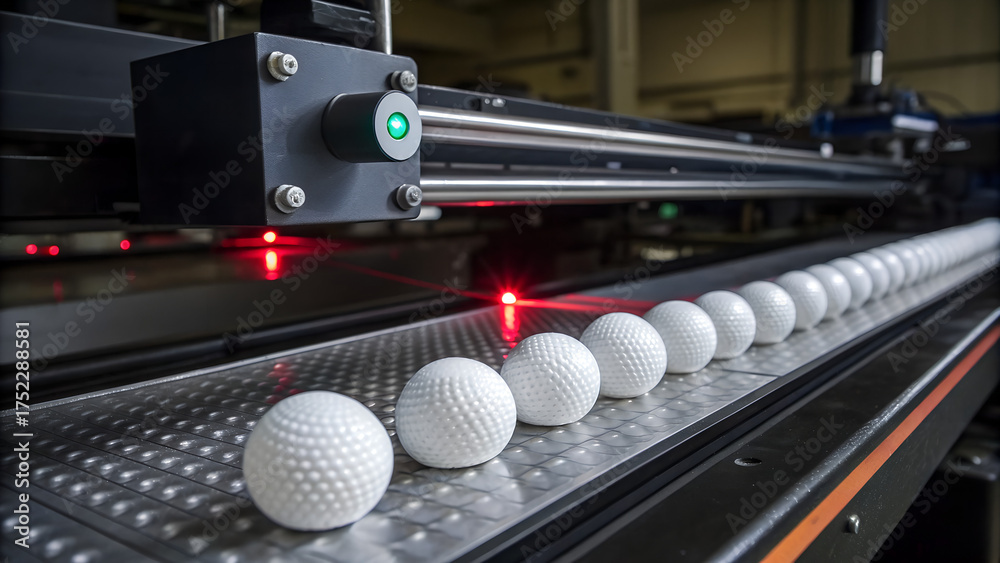 Automated factory production line with golf balls being measured by ...