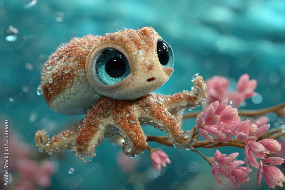 Un pulpo bebé con grandes ojos curiosos se aferra a una rama de cerezo ...