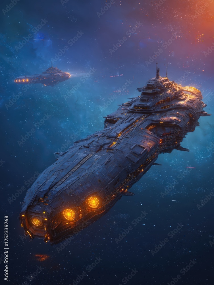 Una imponente nave espacial oscura emerge de la negrura del espacio ...