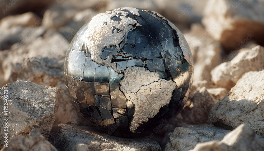 Shattered earth globe on rocks symbolizes global chaos conflict ...