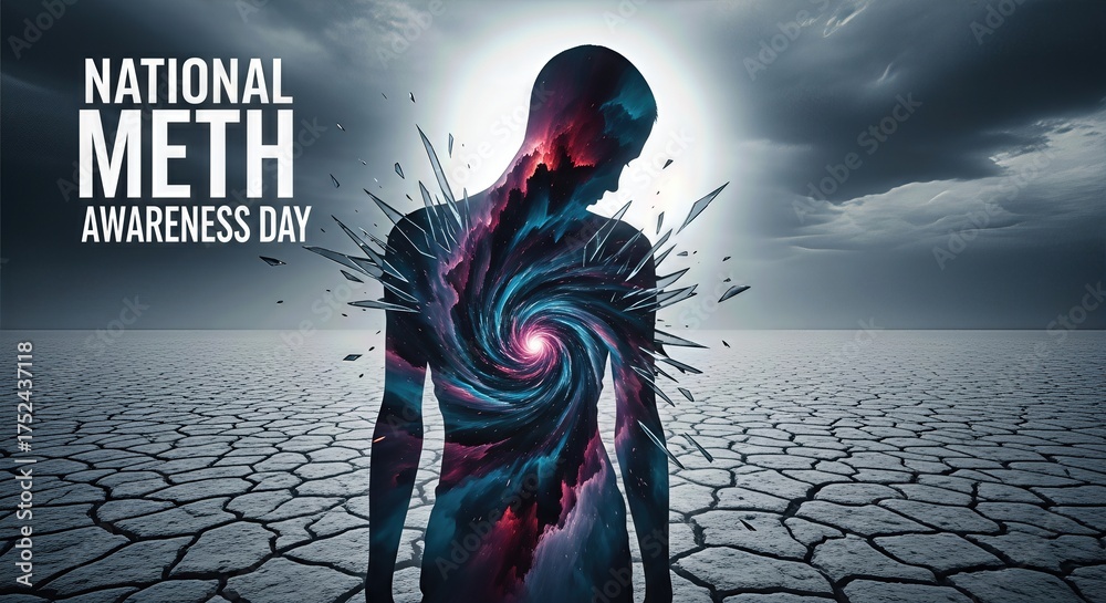 National Meth Awareness Day. A human form shatters over cracked earth ...