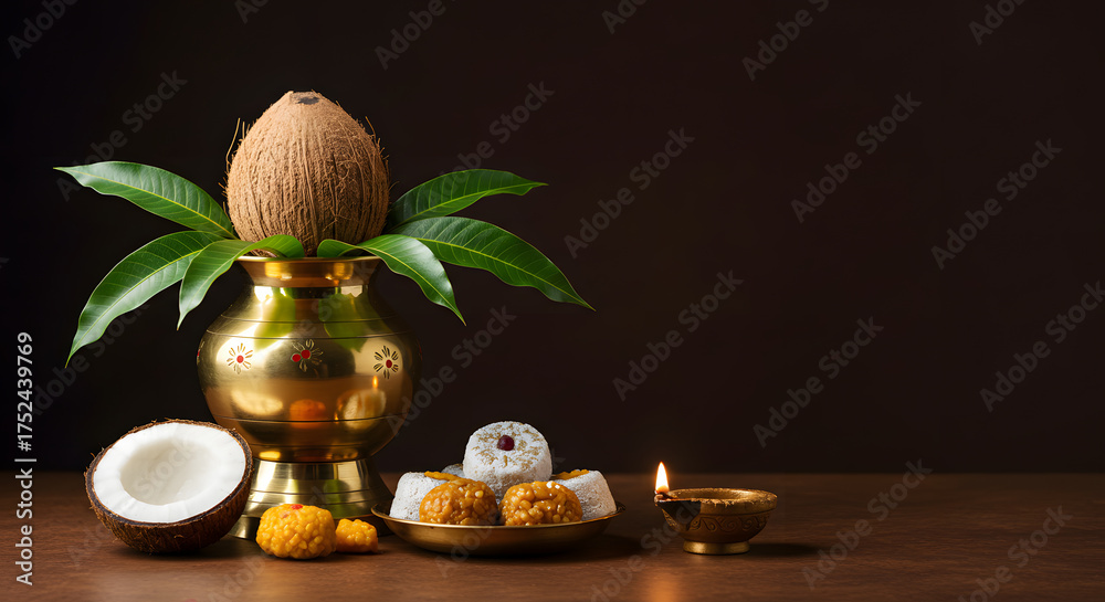 Hindu Puja Offering with Coconut on a Kalash and Sweet for a ...