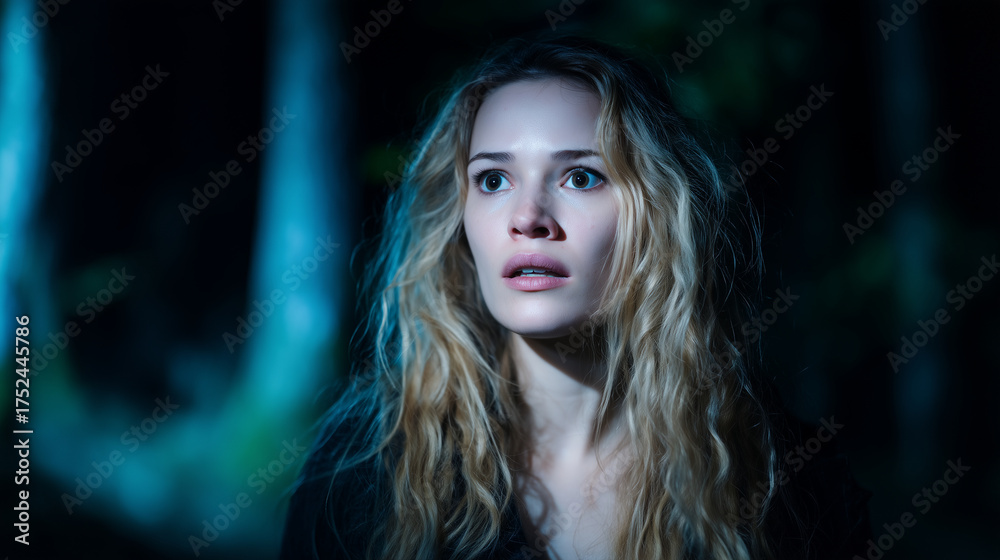 Terrified woman with long messy blonde hair standing in a dark forest ...