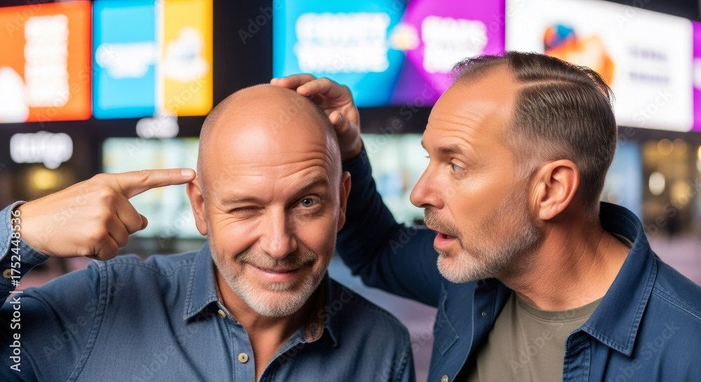 Two men showing hair situation on head. One man points to bald head ...