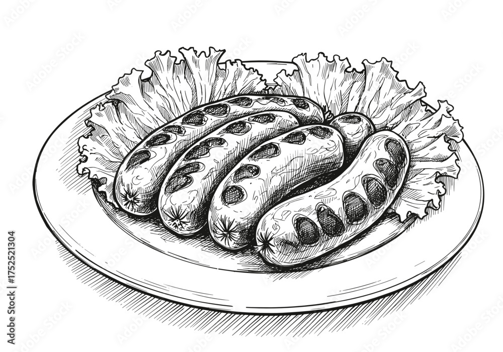 Longganisa Filipino sweet sausage with lettuce on plate, vector line ...