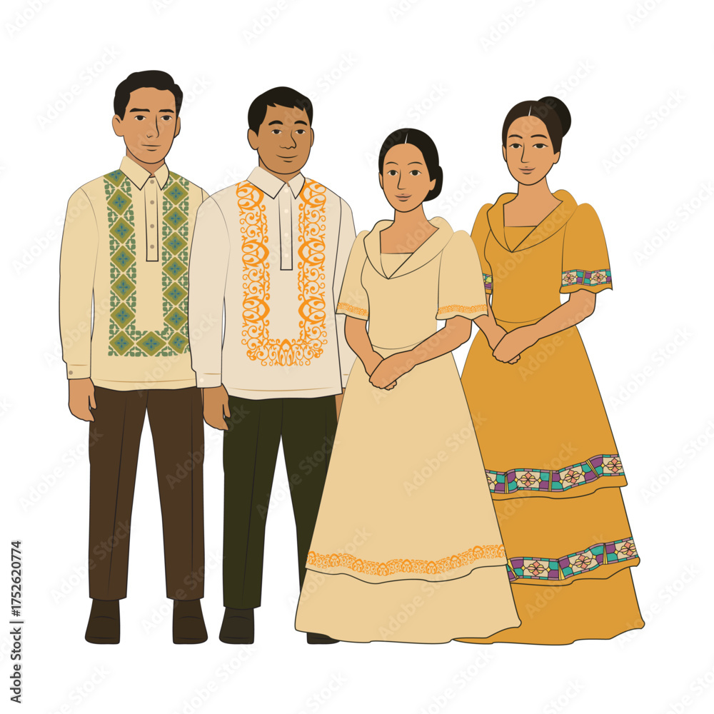 Filipino Traditional Attire Vector Set – Barong and Saya Characters in ...