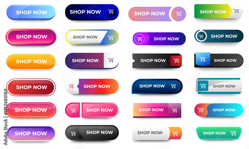 Shop now buttons icon set design with gradient color. 3d shop now web ...