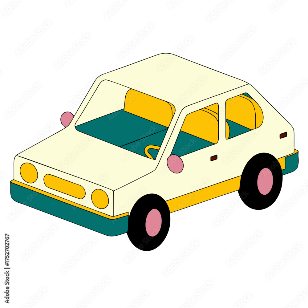 Isometric cartoon hatchback car with yellow interior and pink wheels on ...