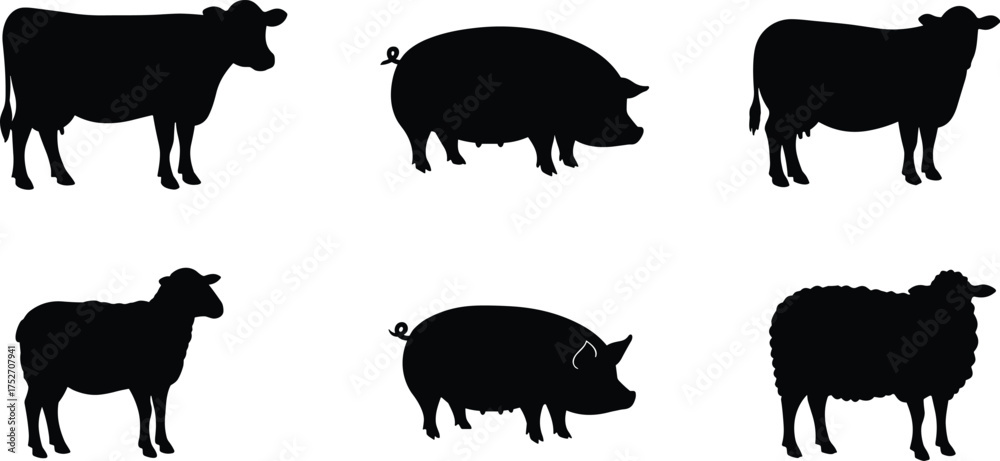 Farm animal silhouettes, cow pig sheep icons, black livestock shapes ...