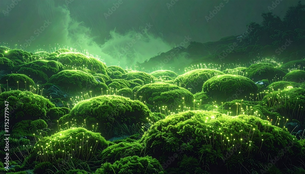 A field of synthetic velvet moss that emits a very subtle, pale green ...