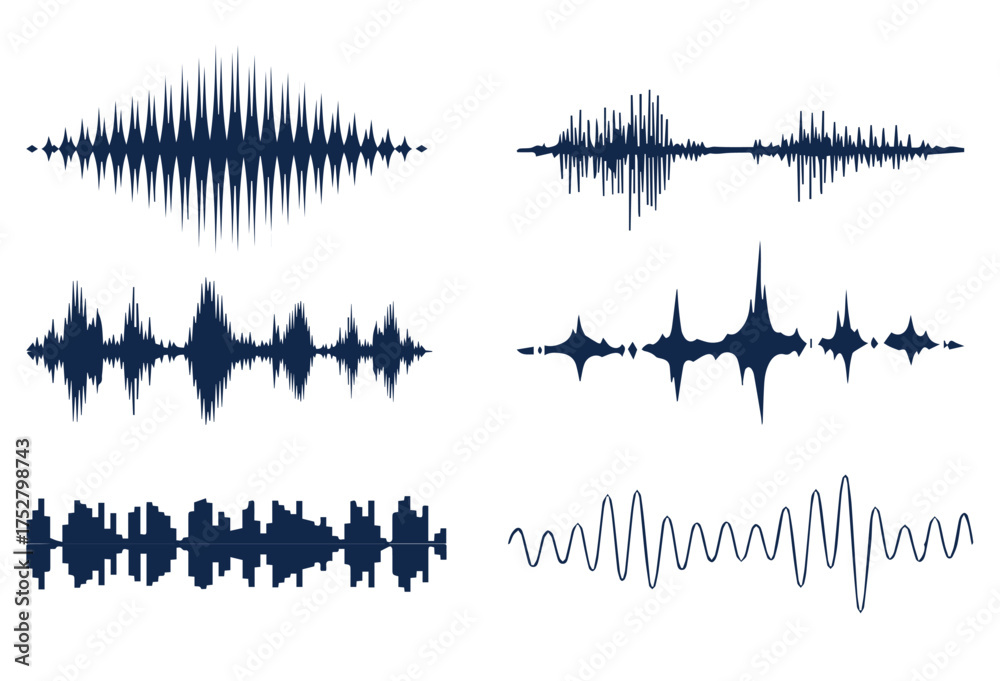 Diverse Sound Waveforms Vector Illustration for Audio Production and Digital Signal Processing ...