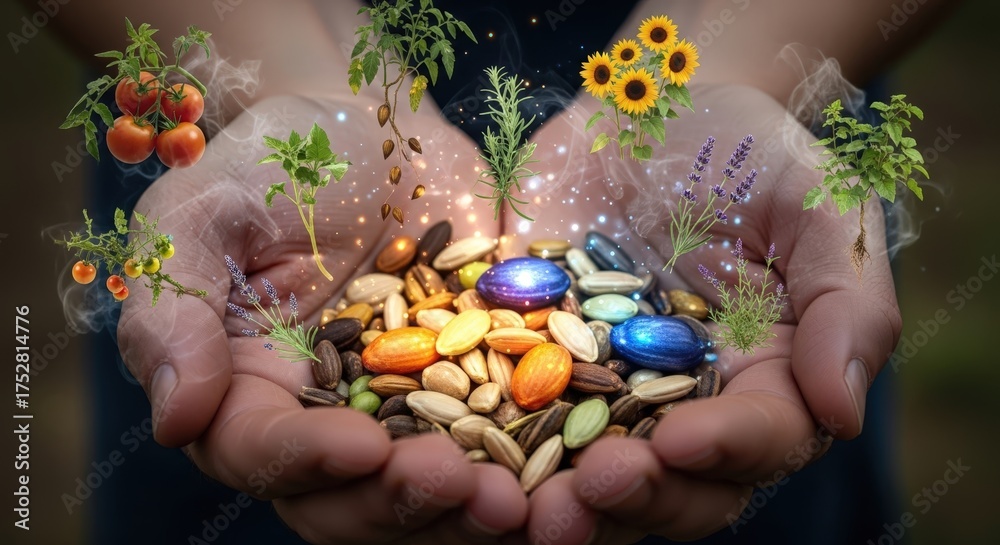 Human hands holding diverse seeds and healthy young plants like ...