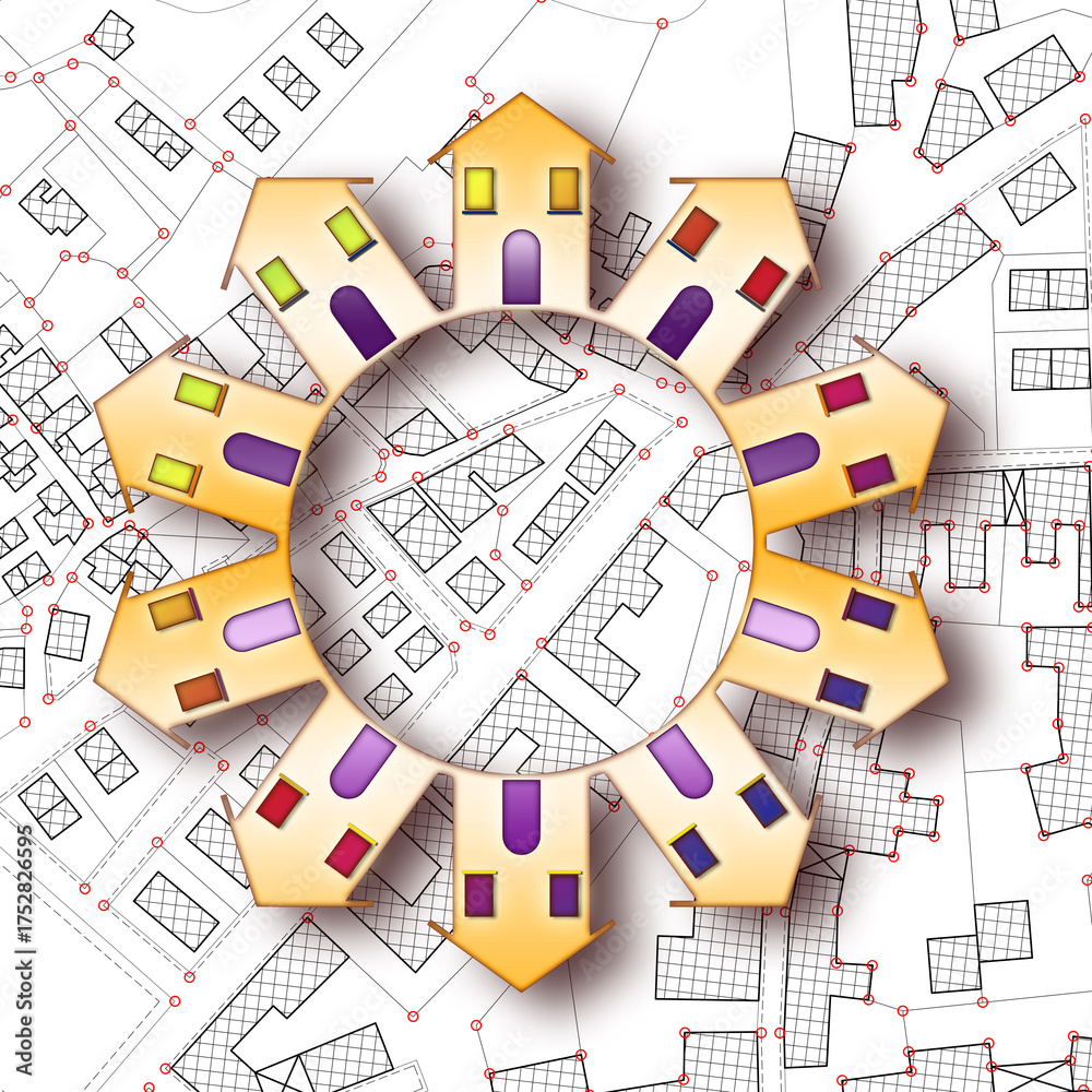 HOMEOWNER ASSOCIATION HOA CONCEPT WITH GROUP OF HOUSE ICONS AROUND A ...