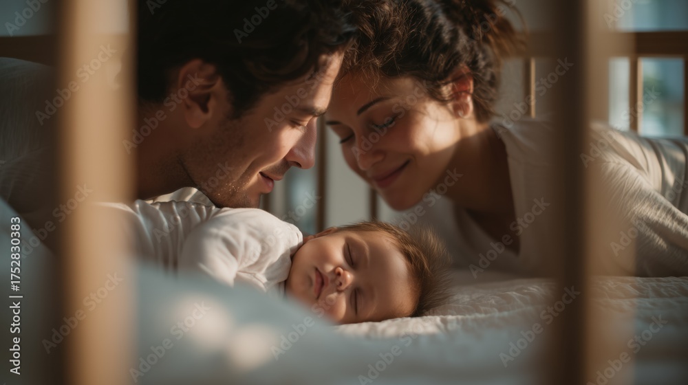 Stock-Foto „Young parents lovingly watching over their baby sleeping ...